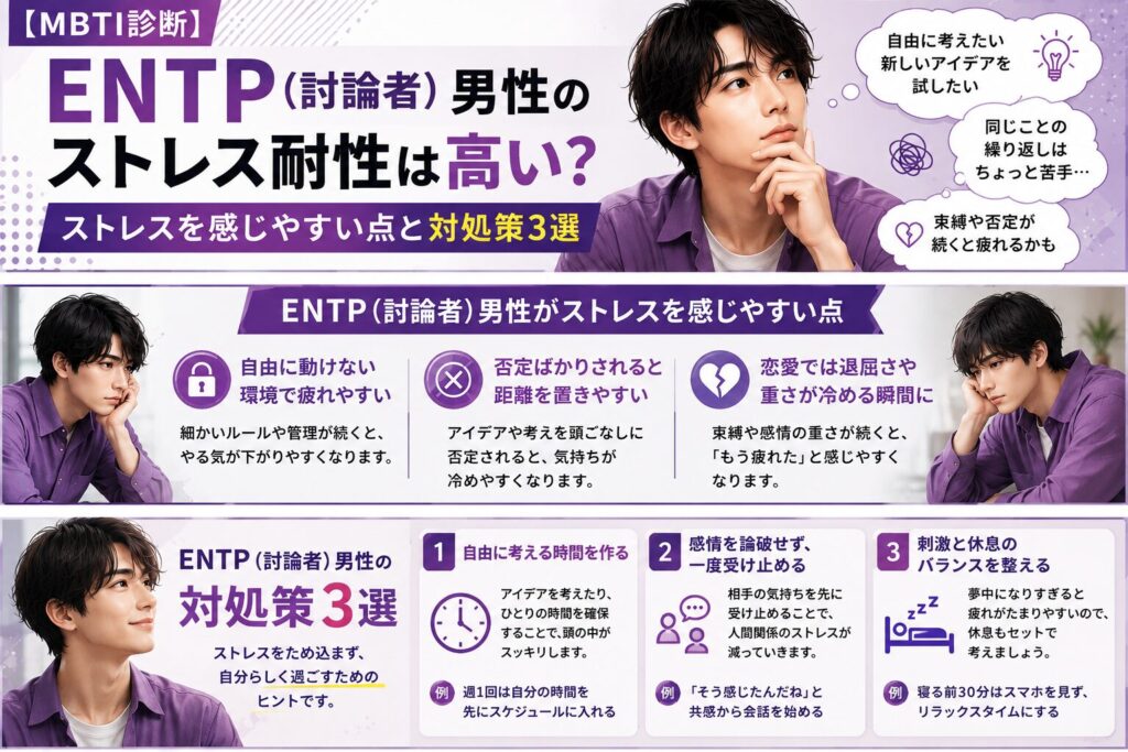 【MBTI診断】ENTP（討論者）男性のストレス耐性は高い？ストレスを感じやすい点と対処策3選 | 診断マニア